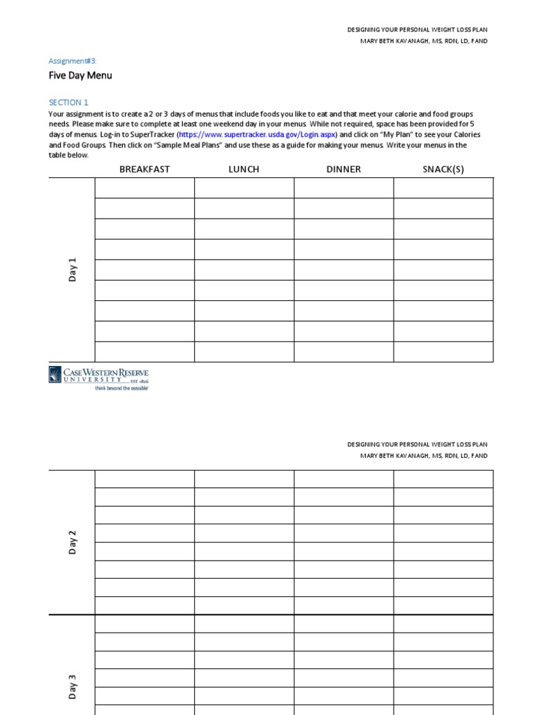 Assignment - 3 - Five Day Menu Assignment | PDF | Menu | Meal