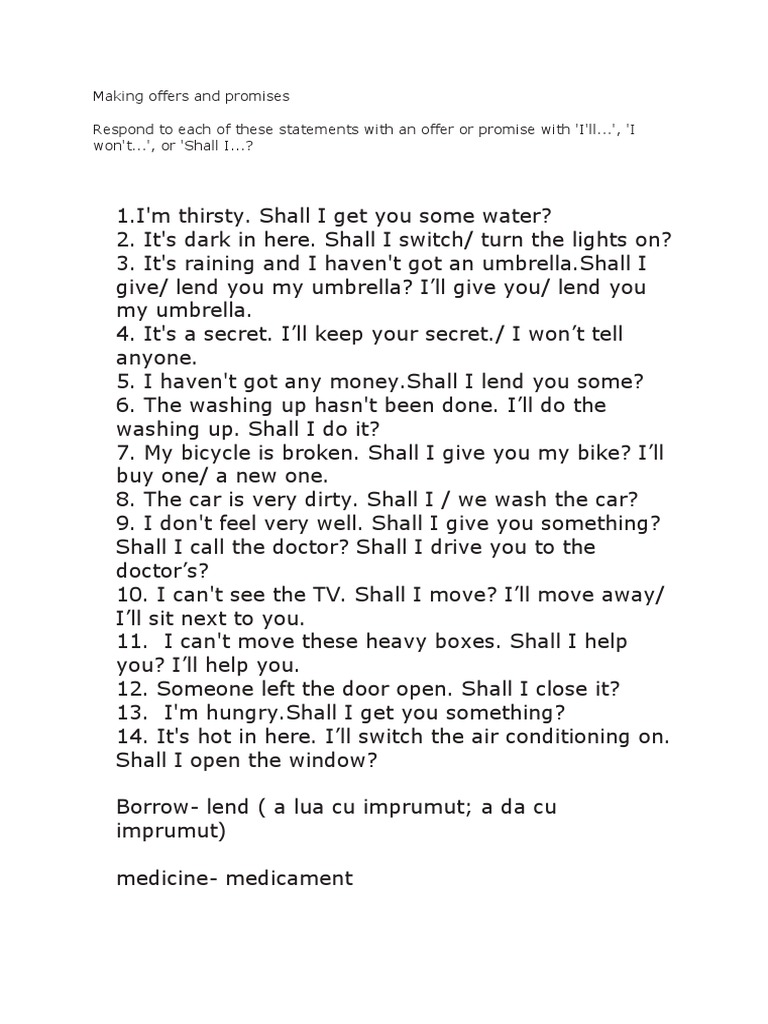 Making Offers and Promises Respond To Each of These Statements With An ...