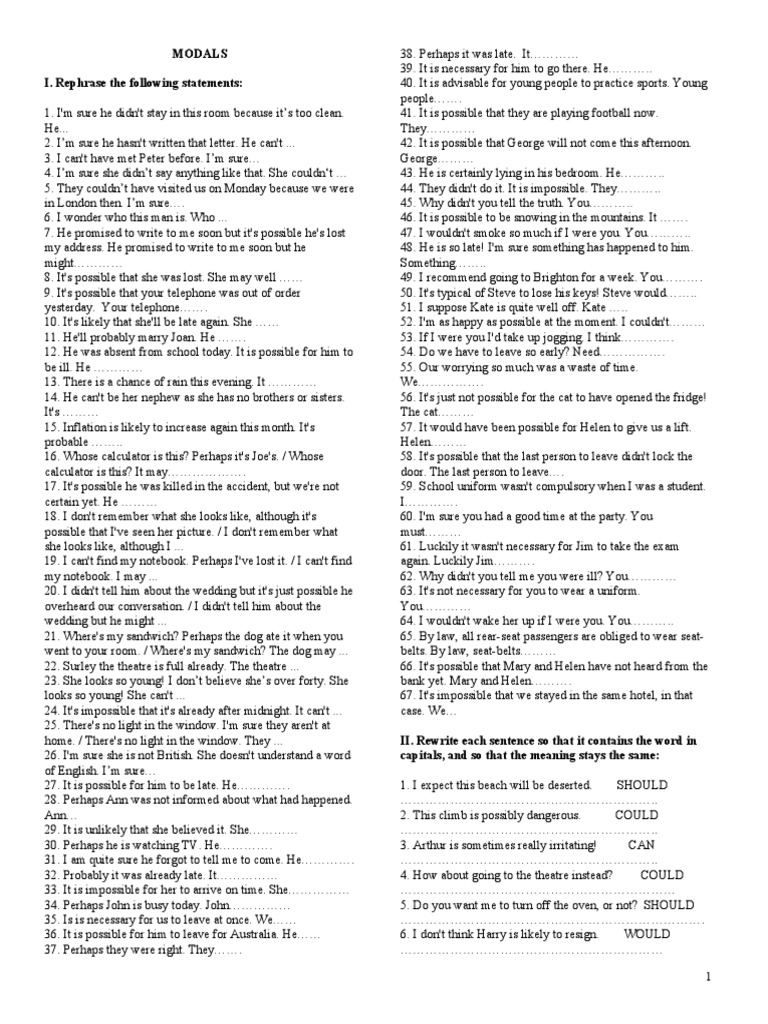 Modals I. Rephrase The Following Statements | PDF | Linguistics