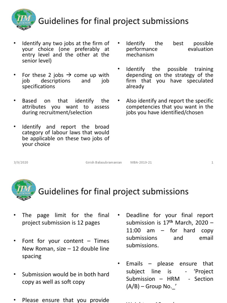 Guidelines For Final Project Submissions: 3/9/2020 Girish Balasubramanian MBA-2019-21 1 | PDF ...