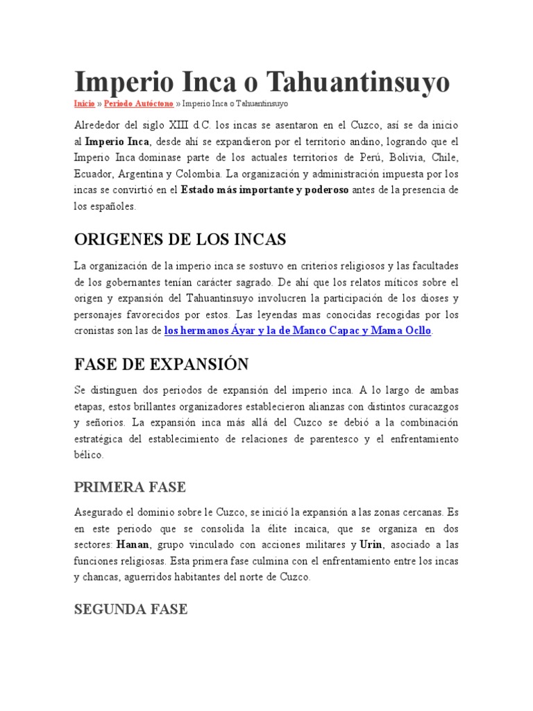 Imperio Inca o Tahuantinsuyo | PDF | Imperio Inca | Perú