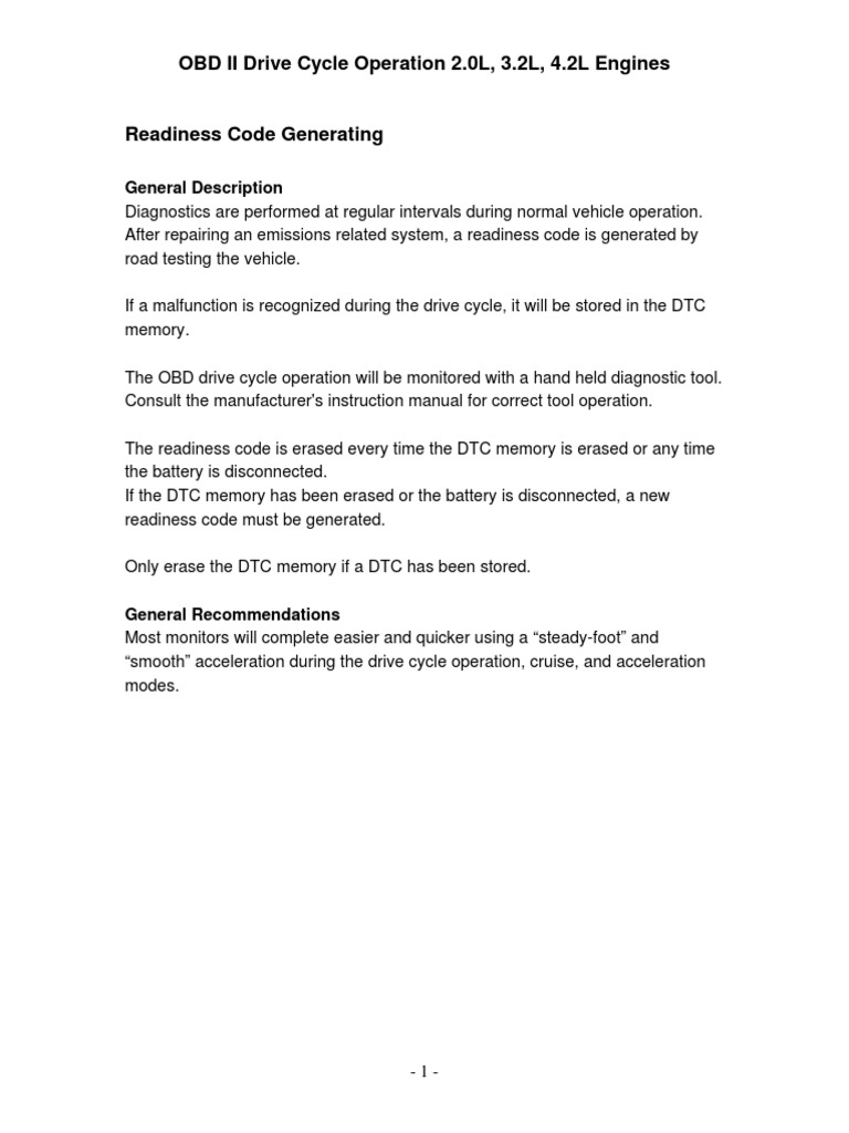 OBD II Drive Cycle Operation 2.0L, 3.2L, 4.2L Engines: General ...