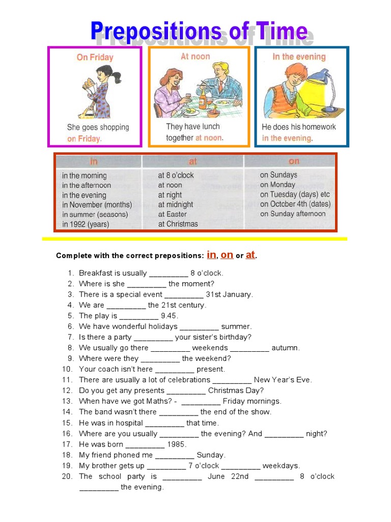 In On At: Complete With The Correct Prepositions:, or | PDF