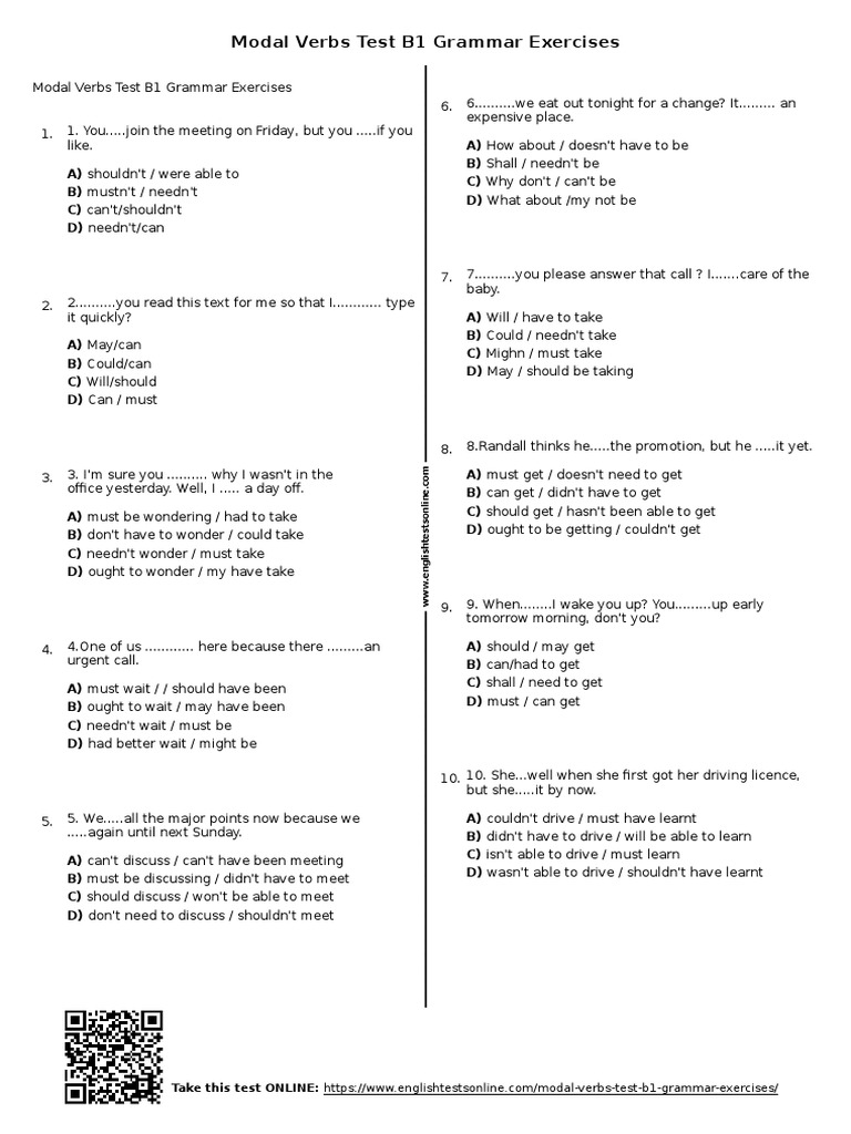 Modal Verbs Test B1 Grammar Exercises | PDF | Wedding