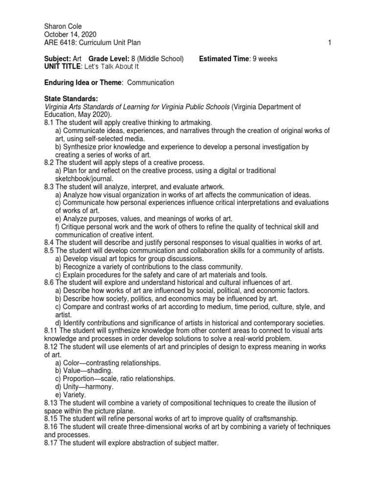 Cole Unit Plan | PDF | Paintings | Abstract Art
