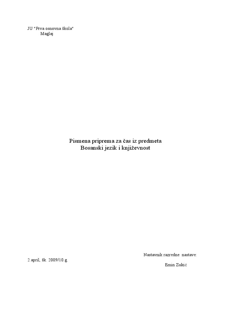Pismena Priprema Za Čas Iz Predmeta Bosanski Jezik I Književnost | PDF