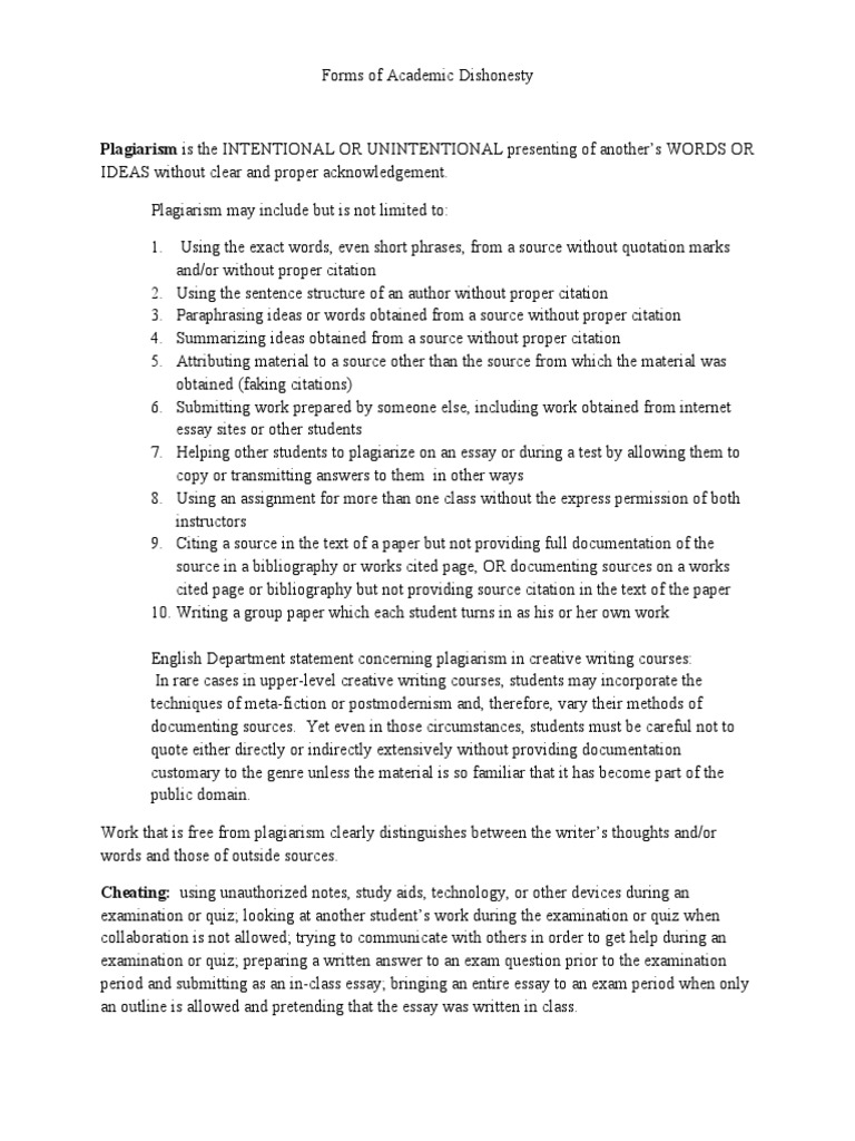 Forms Of Academic Dishonesty Pdf Plagiarism Test Assessment