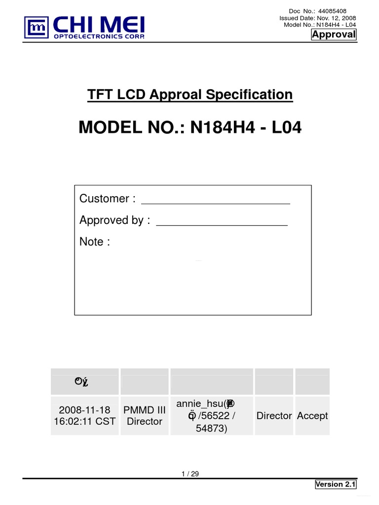 MODEL NO.: N184H4 - L04: TFT LCD Approal Specification | PDF | Power ...