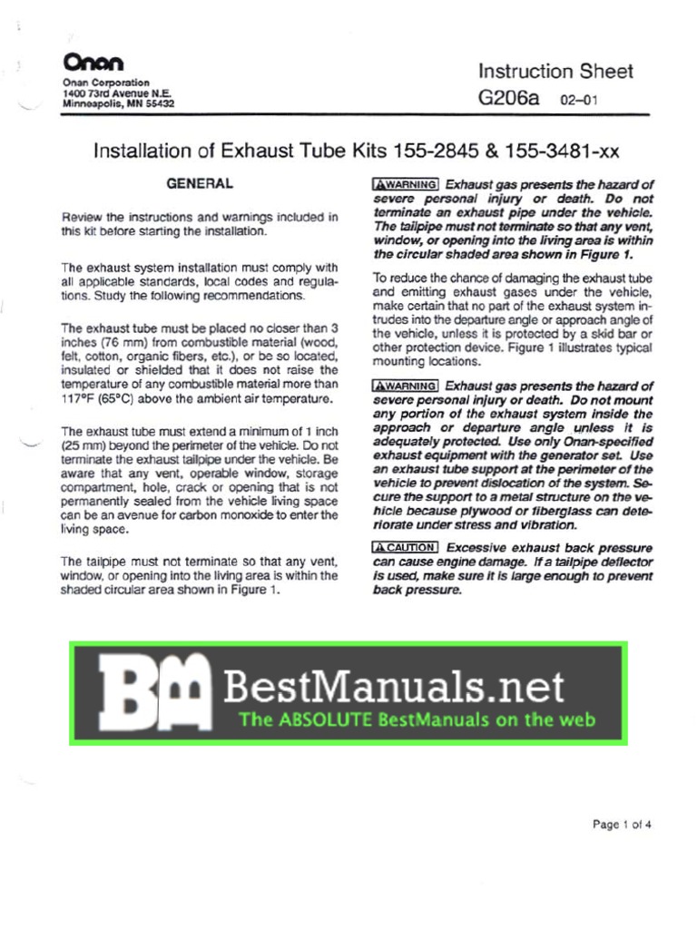 Onan Exhaust Kit Install Manual | PDF | Engines | Machines