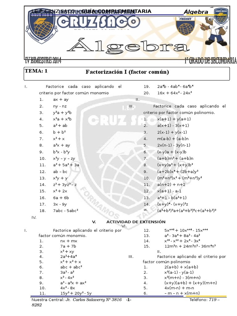 Guía de Factorización: Factor Común | PDF | Álgebra | Enseñanza de ...