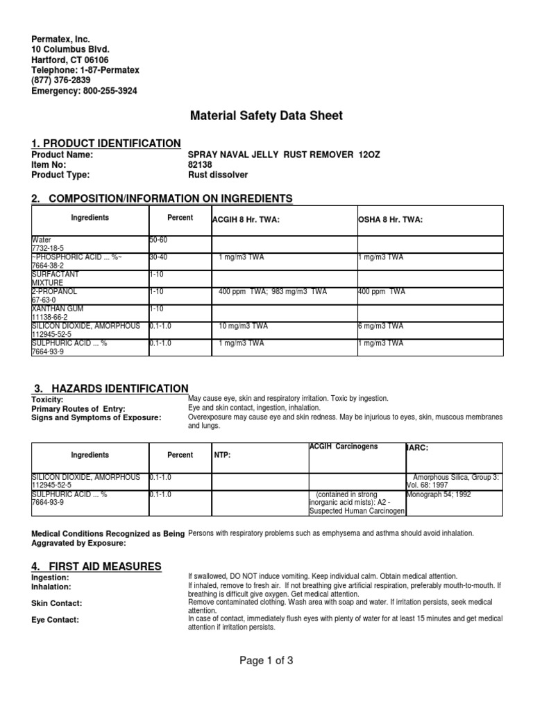 Spray Naval Jelly Rust Remover MSDS | PDF | Firefighting | Breathing