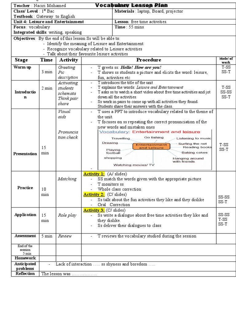 Lesson Plan-Leisure Activities | PDF | Education Theory | Pedagogy