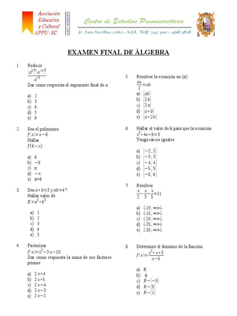 Examen Final de Álgebra | PDF | Factorización | Álgebra