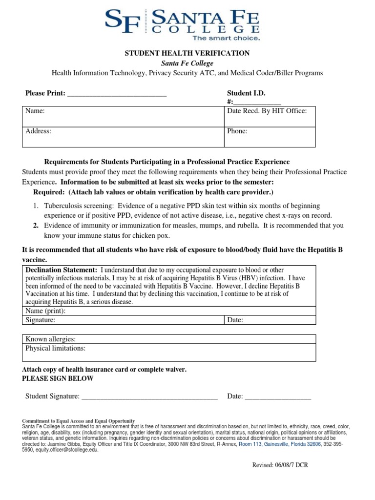 Revised 2017 STUDENT HEALTH VERIFICATION PDF | PDF | Hepatitis B ...
