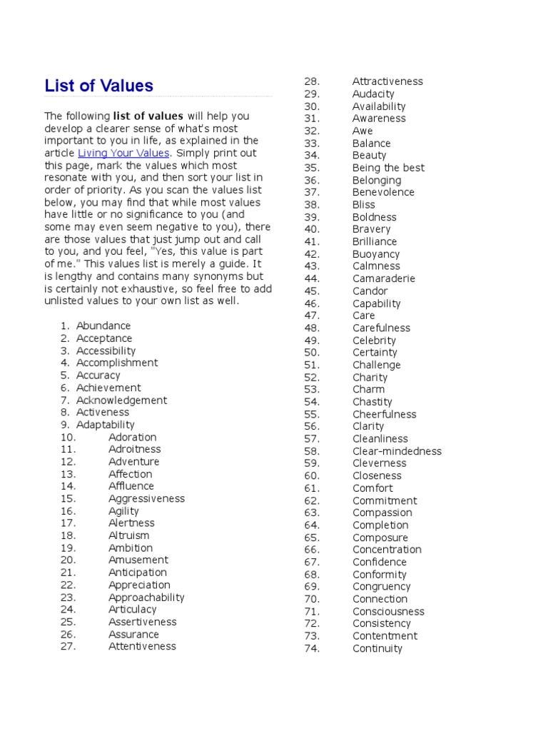 List of Values | PDF | Social Institutions | Social Science
