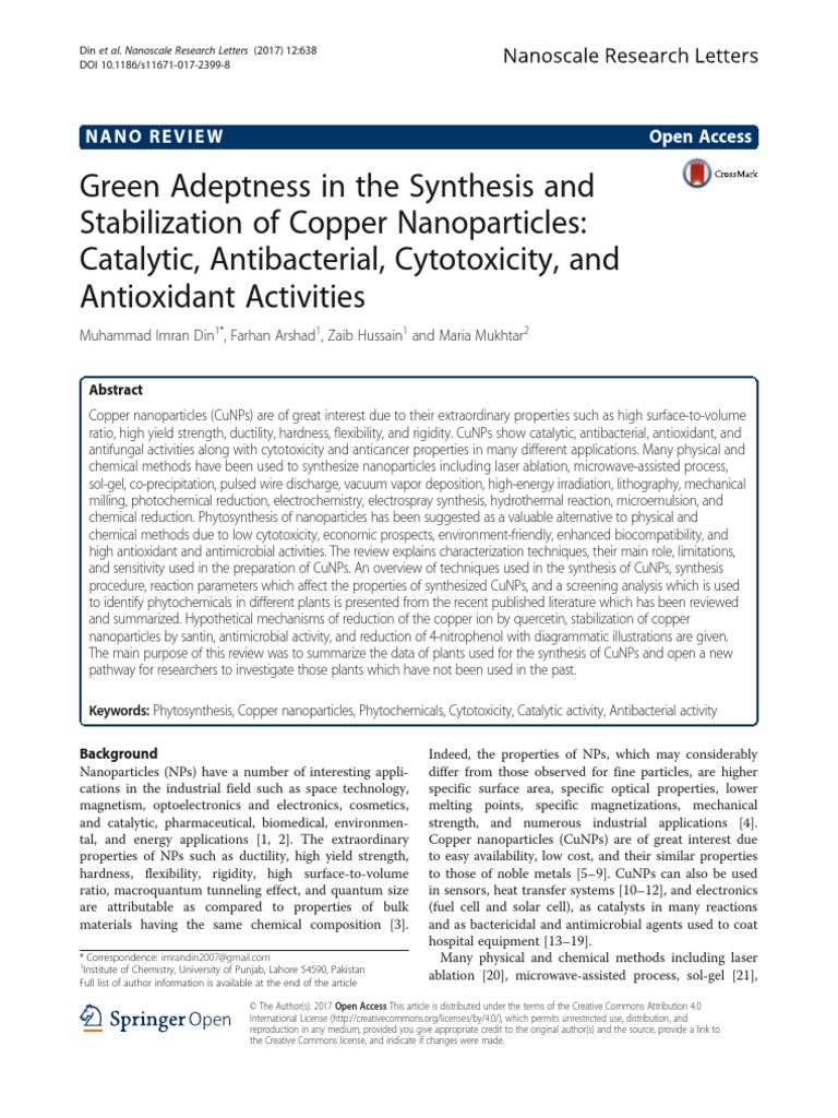 Green Adeptness in The Synthesis and Stabilization of Copper Nanoparticles: Catalytic ...