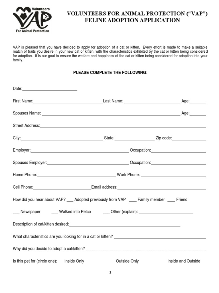 VAP Feline Adoption Application | PDF | Cats | Pet