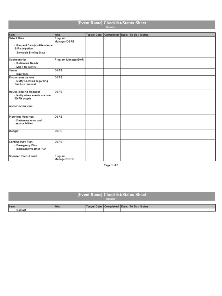 (Event Name) Checklist/Status Sheet: Item Who Target Date Completed ...