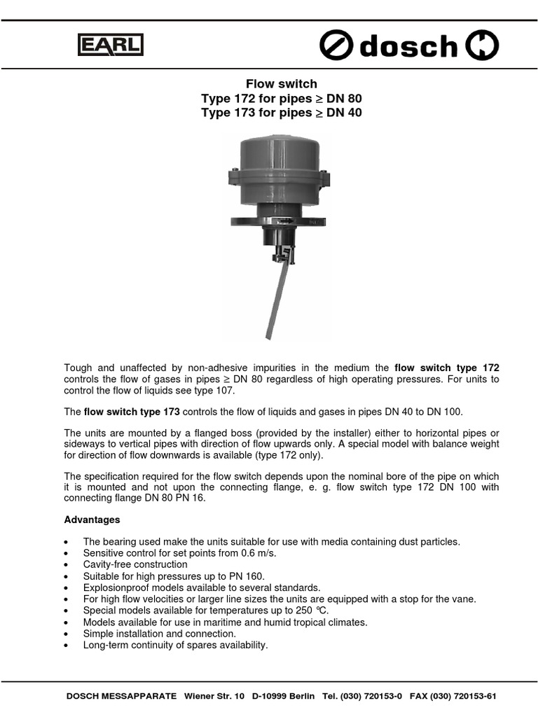 Flow Switch Type 172 For Pipes Type 173 For Pipes: DN 80 DN 40 | PDF ...