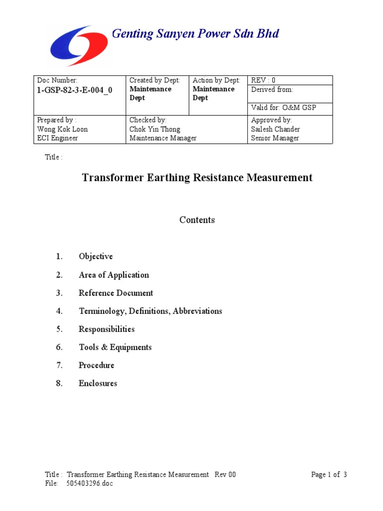 GSP Transformer Earthing Checks | PDF | Transformer | Electrical ...