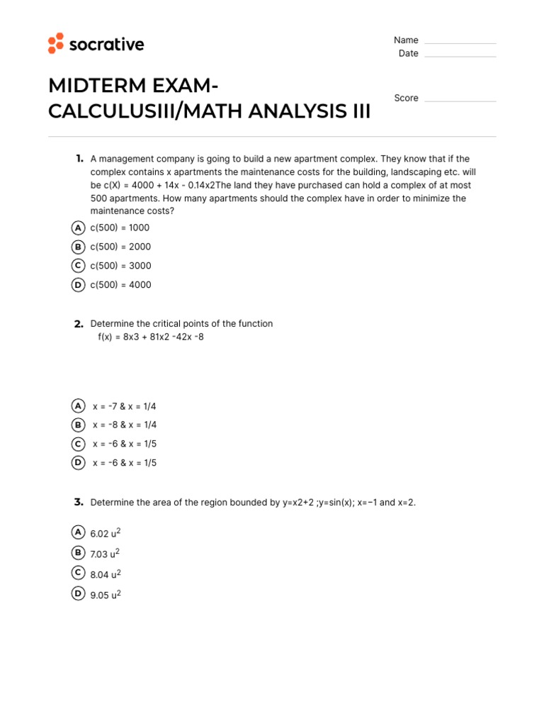 Calculus III Midterm Exam Questions | PDF | Maxima And Minima ...