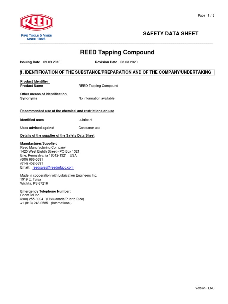 REED Tapping Compound: Safety Data Sheet | PDF | Personal Protective ...