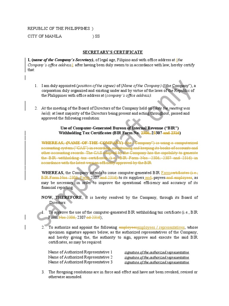 Draft Sample of Secretary Certificate - Use of BIR Certificates | PDF ...