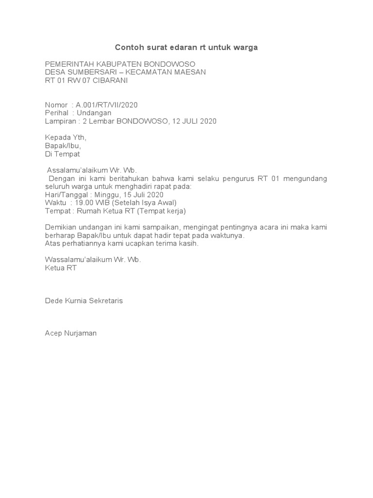 Contoh Surat Edaran RT Untuk Warga | PDF
