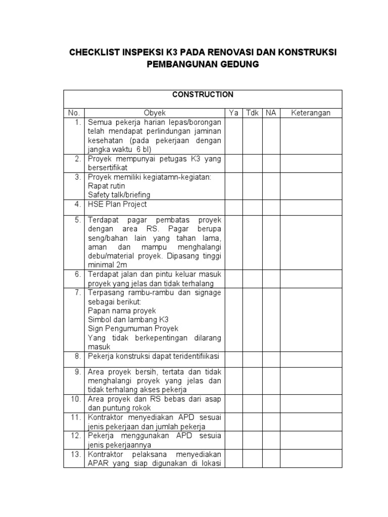 Checklist Inspeksi k3 Pada Renovasi Dan Konstruksi Pembangunan Gedung | PDF