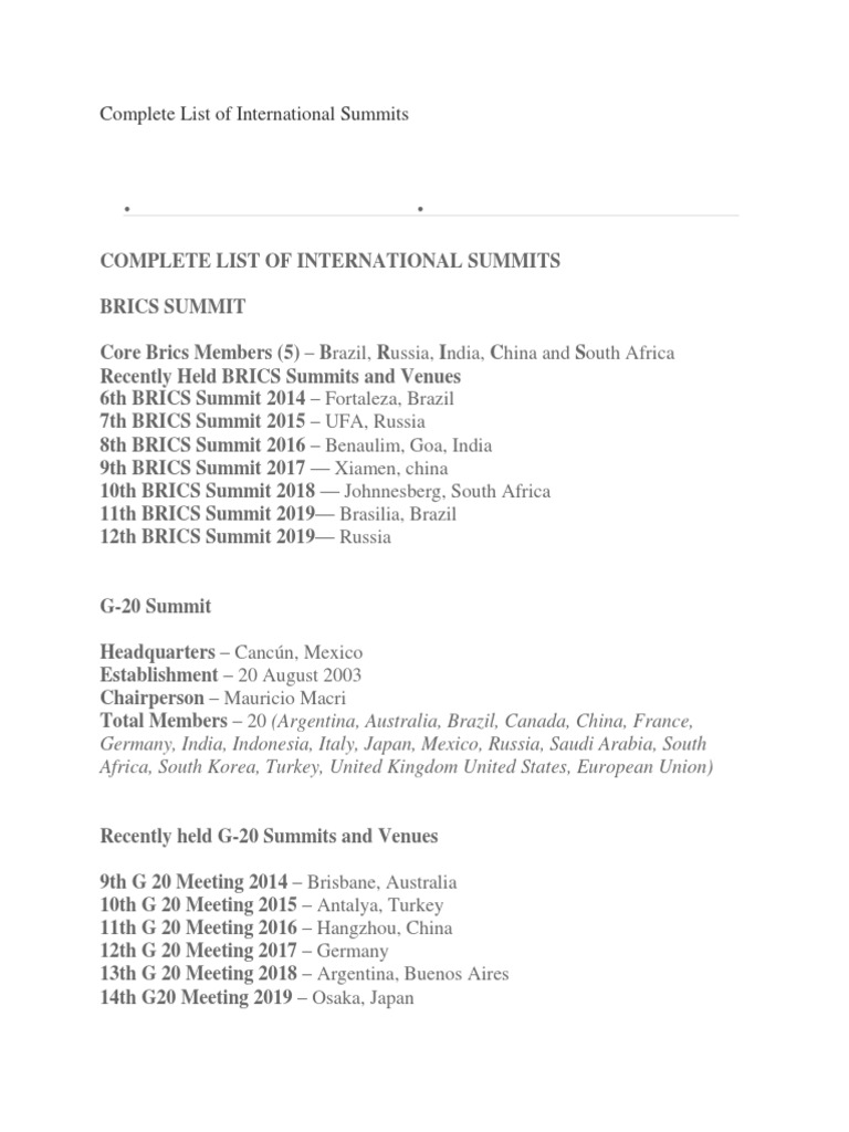 Comprehensive International Summit List | PDF | International Political ...