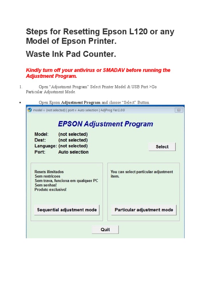 Steps For Resetting Epson L120 or Any Model of Epson Printer | PDF