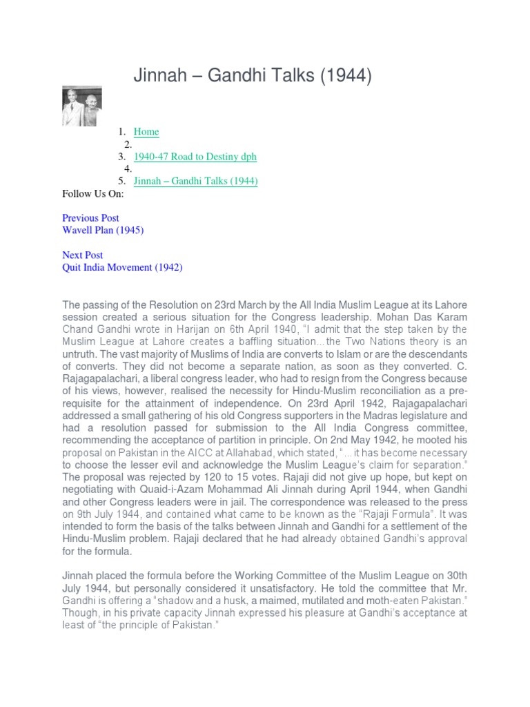 Jinnah Gandhi Talks 1944 | Download Free PDF | Muhammad Ali Jinnah ...