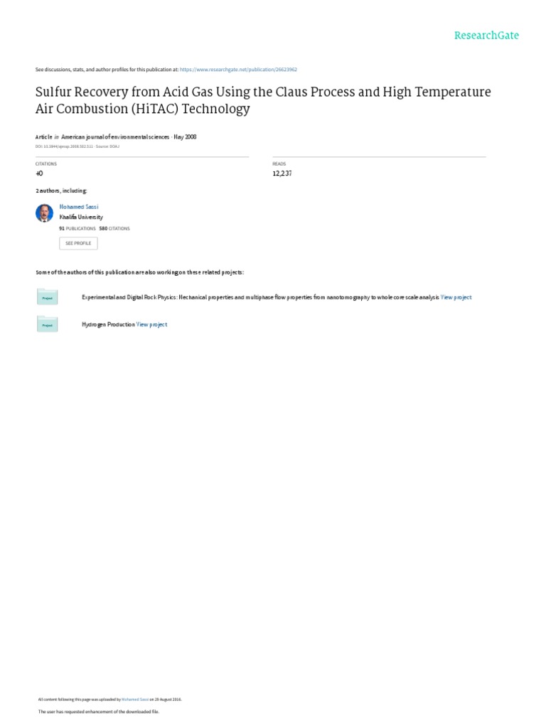 Sulfur Recovery From Acid Gas Using The Claus Proc | PDF | Combustion ...