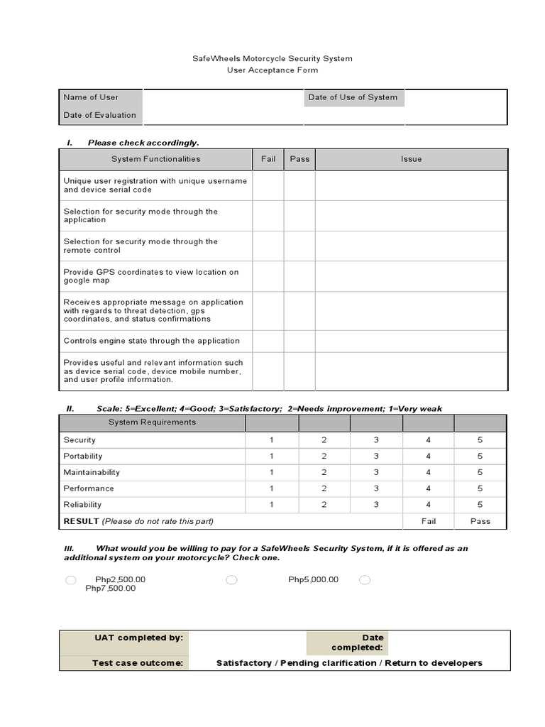 SafeWheels Motorcycle Security System User Acceptance Form | PDF