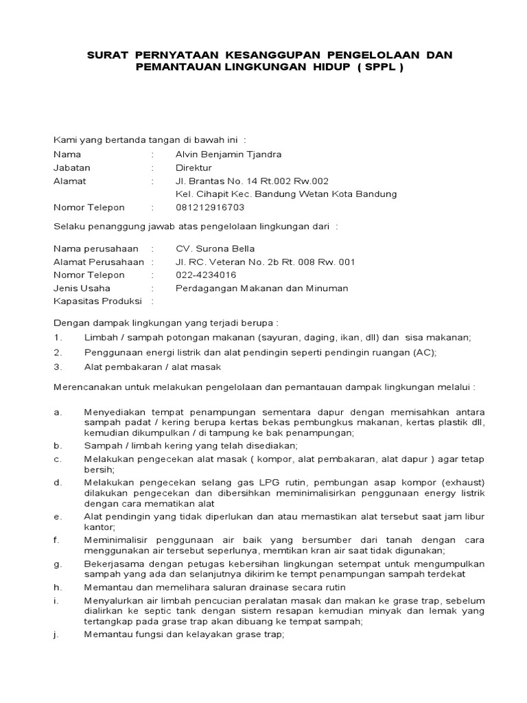 Contoh SPPL Restoran Edit | PDF