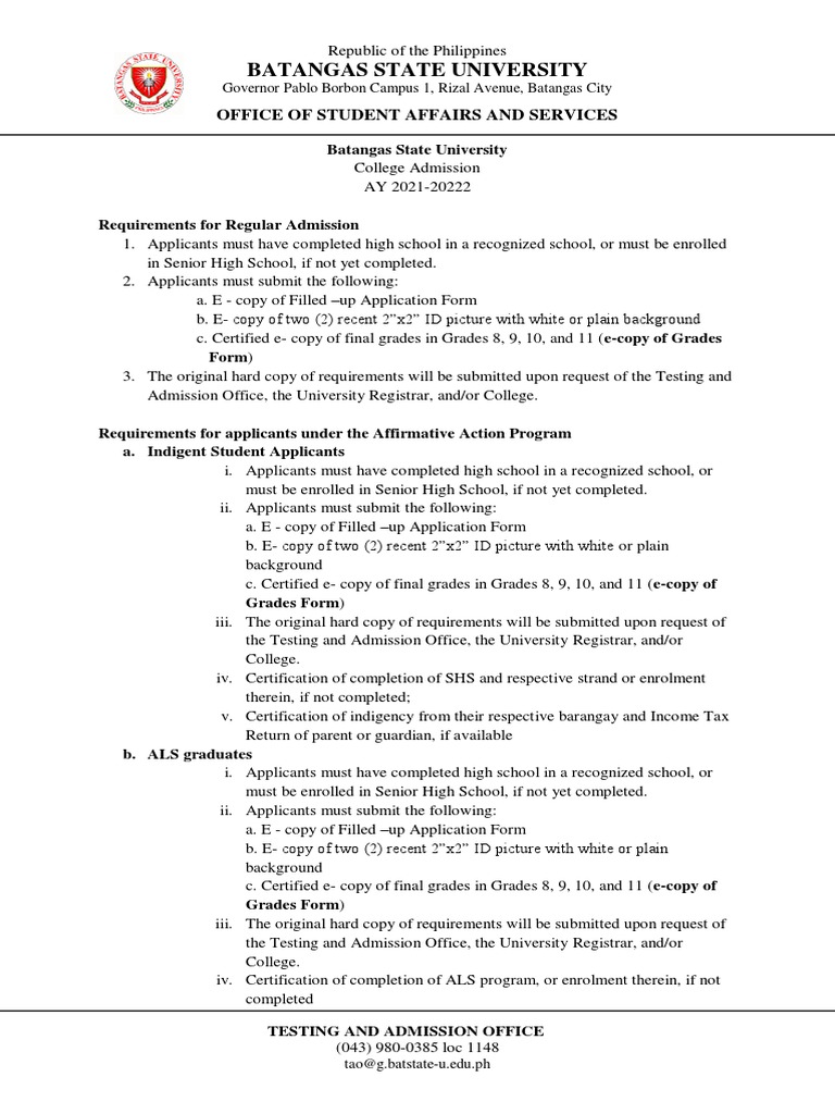 BatStateU College Admission Requirements | PDF | Science, Technology ...