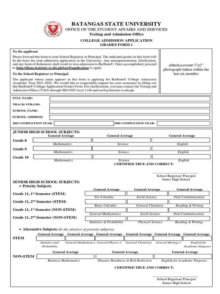 BatStateU College Application Grades Form Regular Admission PDF | PDF ...