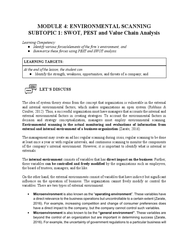 ENVIRONMENTAL SCANNING SUBTOPIC 1: SWOT, PEST and Value Chain Analysis ...