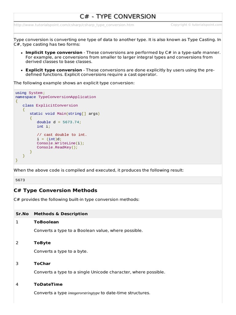 Csharp Type Conversion Pdf Data Type C Sharp Programming Language