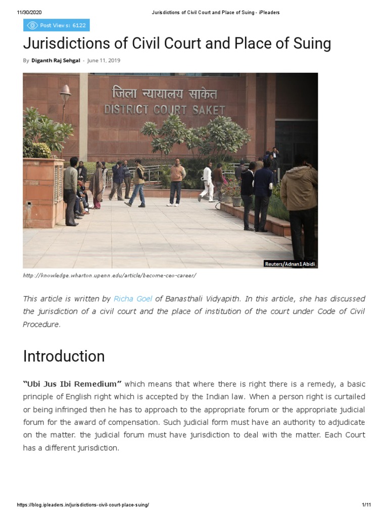 Jurisdictions of Civil Court and Place of Suing - Ipleaders | PDF ...
