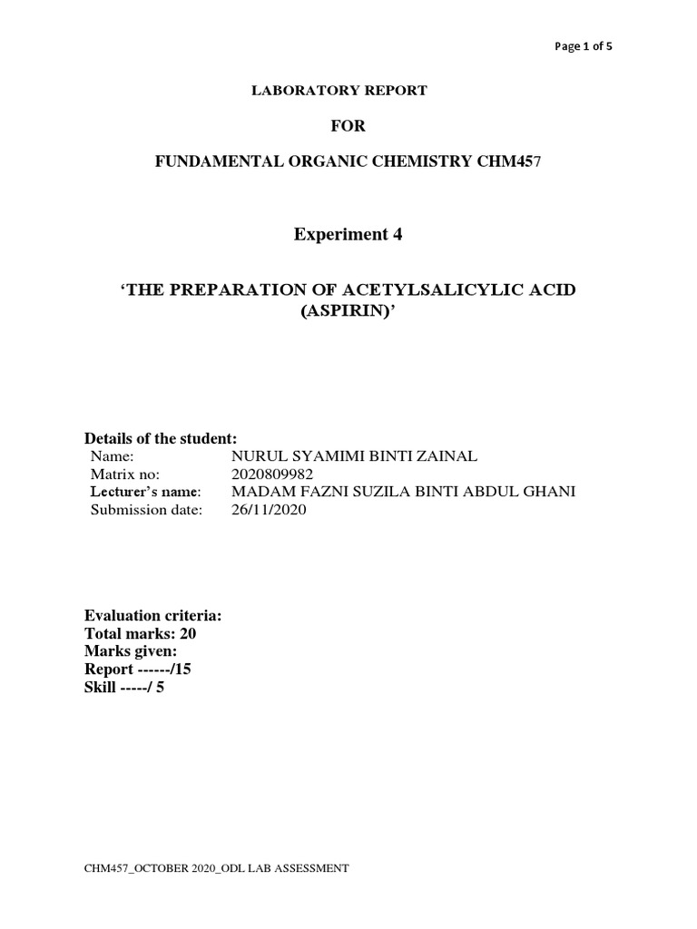 Synthesis of Aspirin Lab Report | PDF | Aspirin | Acetic Acid