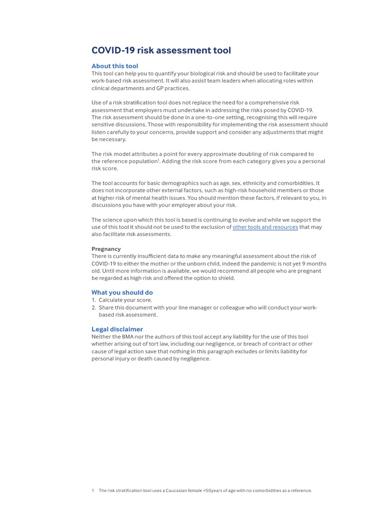 Bma Covid 19 Risk Assessment Tool July2020 | PDF | Risk Assessment | Risk