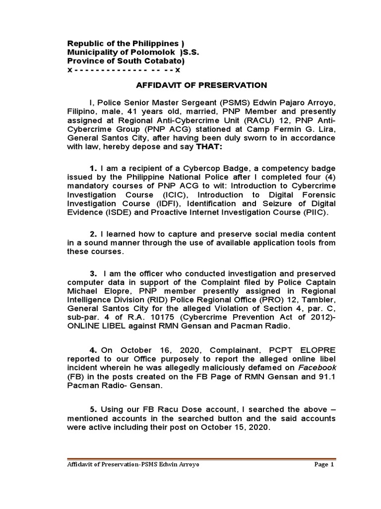 Affidavit of Preservation | PDF | Affidavit | Cryptography