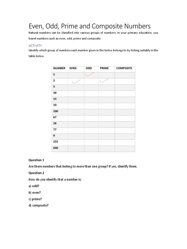 Even, Odd, Prime and Composite Numbers: Activity | PDF