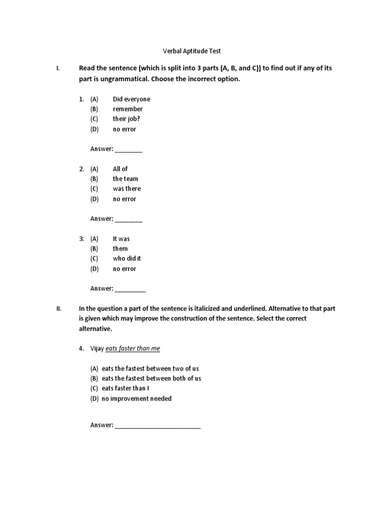 Verbal Aptitute Test | PDF | Psychological Concepts ...