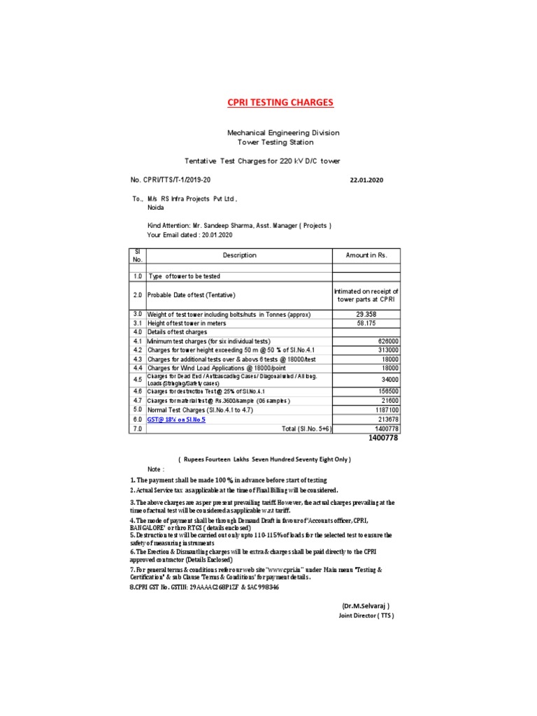 CPRI Testing Charges. | PDF | Business | Nature