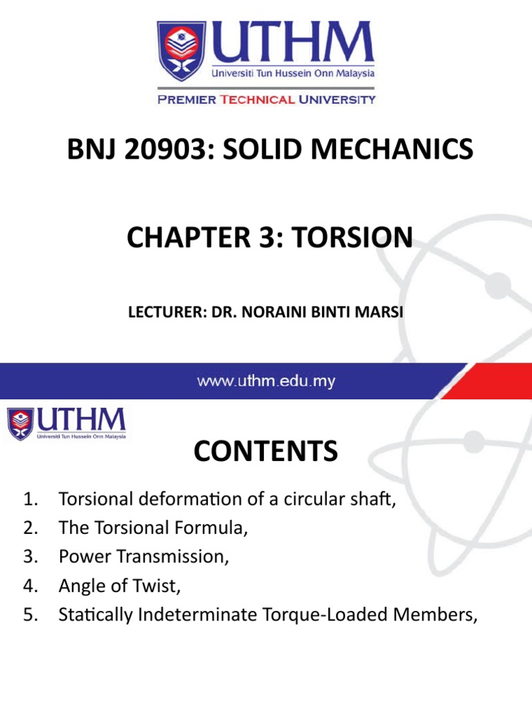 BNJ 20903: Solid Mechanics Chapter 3: Torsion: Lecturer: Dr. Noraini Binti Marsi | PDF | Stress ...