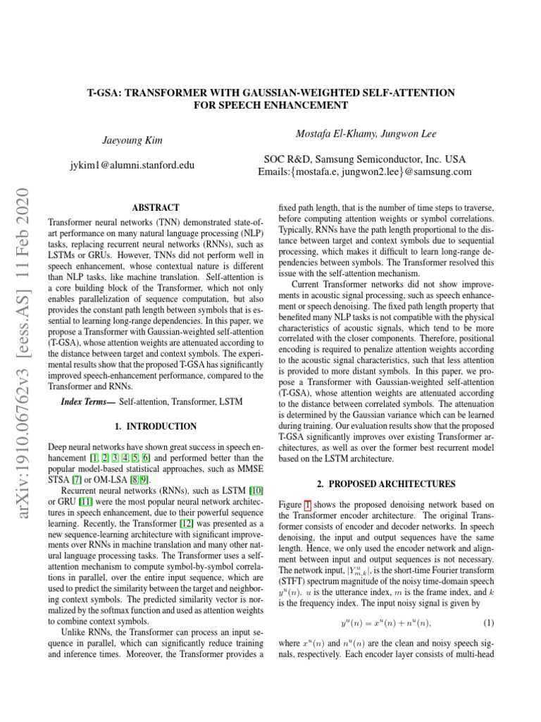 T-Gsa: Transformer With Gaussian-Weighted Self-Attention For Speech Enhancement | PDF | Data ...