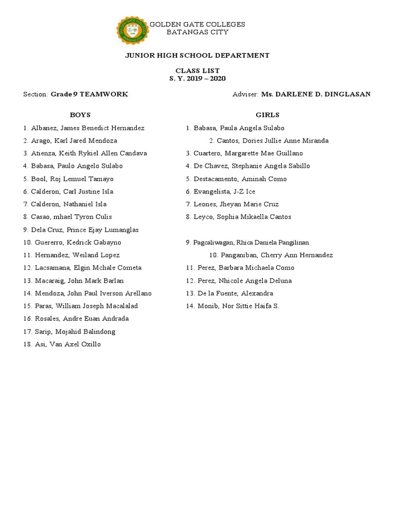 Grade 9 Teamwork Class List 2019-2020 | PDF
