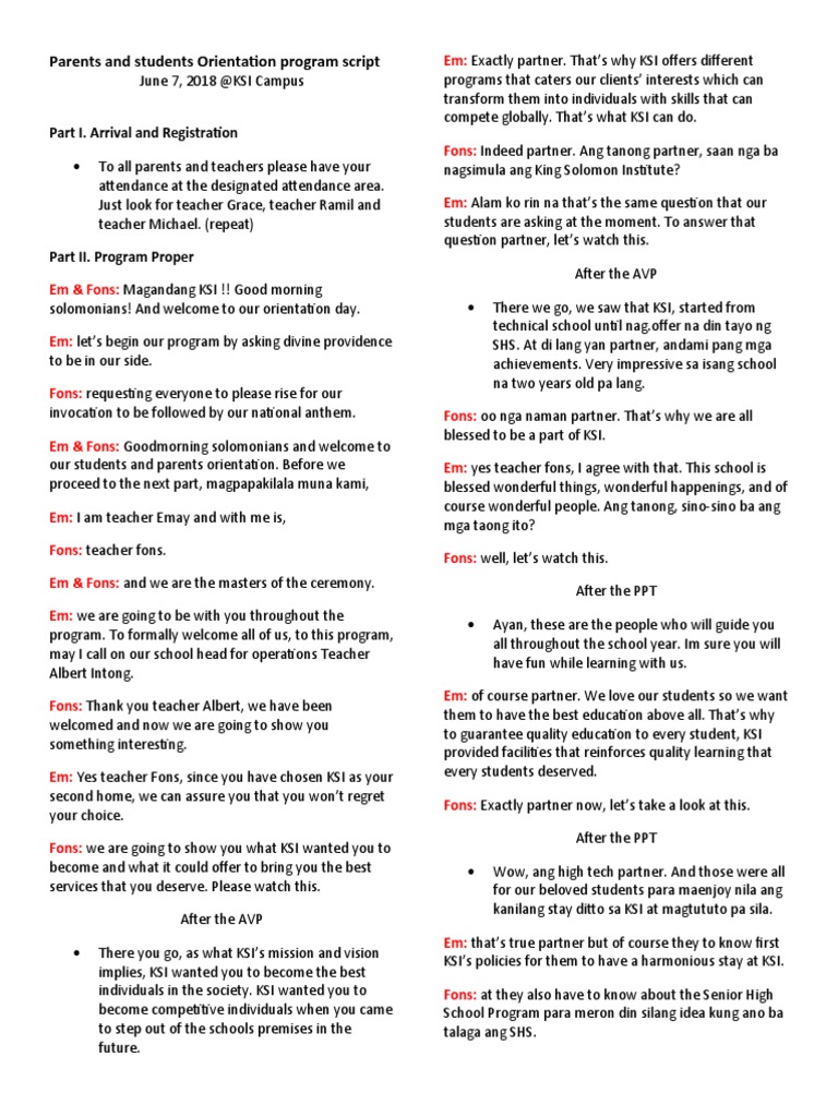 Parents and Students Orientation Program Script: Part I. Arrival and ...